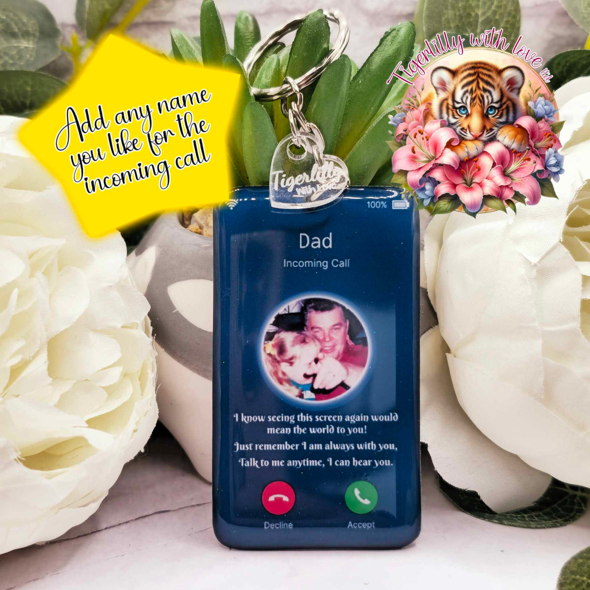 mobile phone call screen personalised photo keyring, verse keyring, ke ...